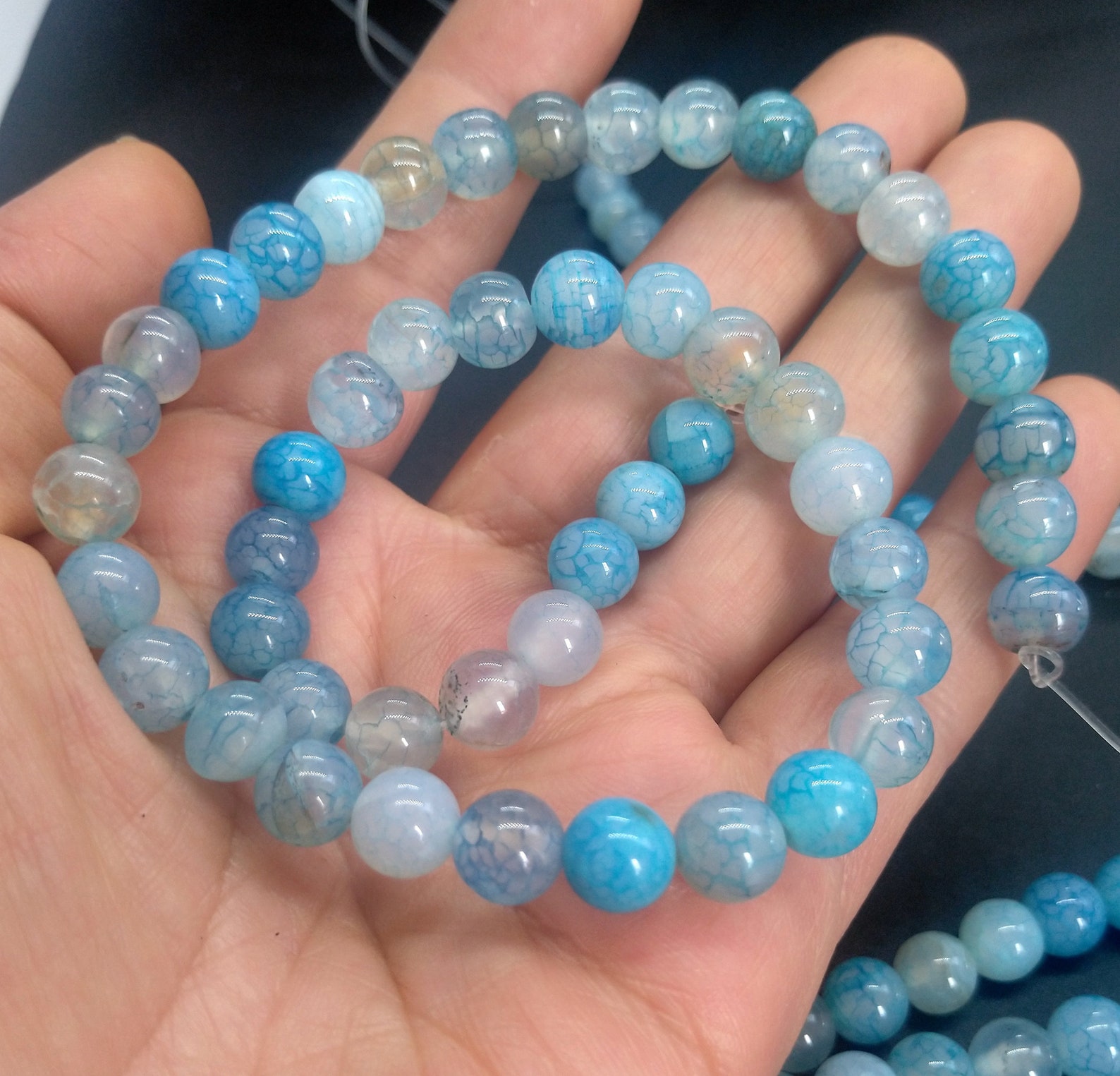 Blue White Dragon Veins Agate Beads, Round Gemstone Loose Beads, Full 1 ...