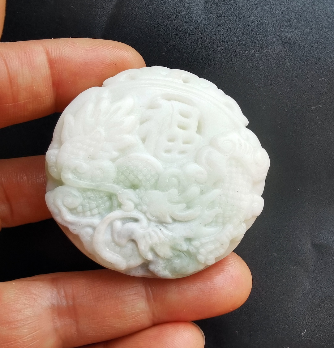 Circle Chinese Natural White Jade Stone Pendant,carving Dragon Fu Word ...