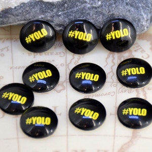 Circle Yellow YOLO Black Handmade Photo Glass Cabochon Dome Beads 10mm ...