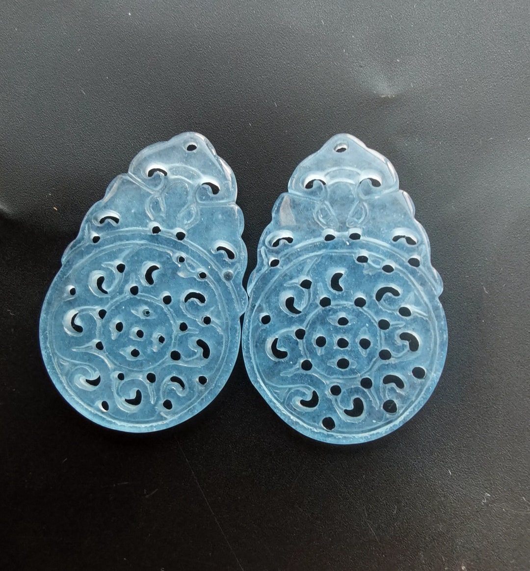 2pcs,hollow Teardrop Flower Bring Money Twist Carving Sea Blue Jade ...