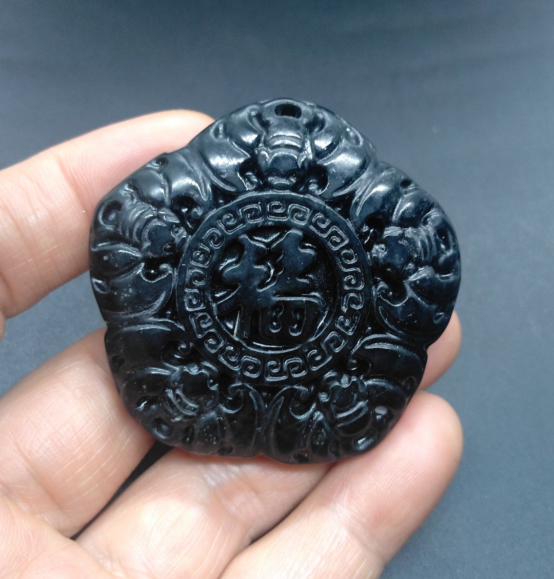 Chinese Five Bat Fu Word Jade Pendant, Carved Black Green Natural Jade ...