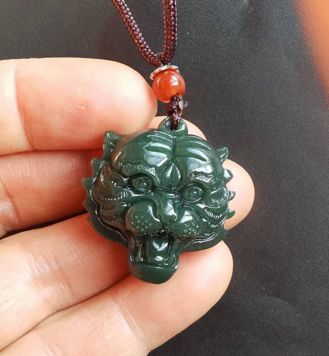 Chinese Tiger Head Carving Natural Hetian Qing Green Jade Stone Pendant ...