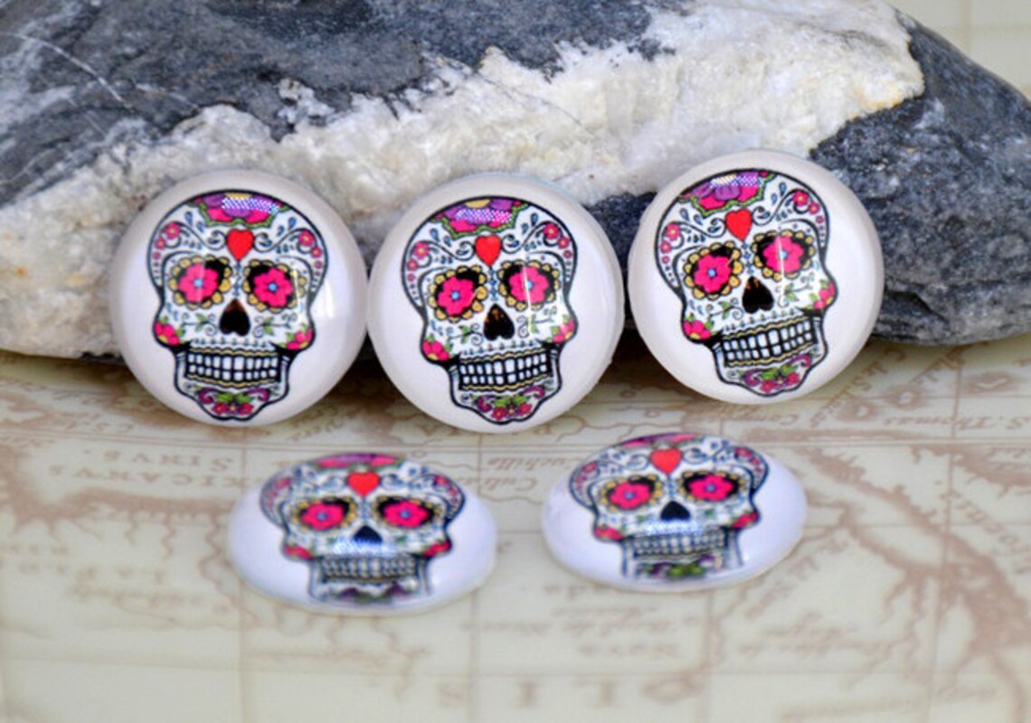 Peach Sugar Skull Photo Glass Cabochon: Jewelry Making Supplies (10 ...