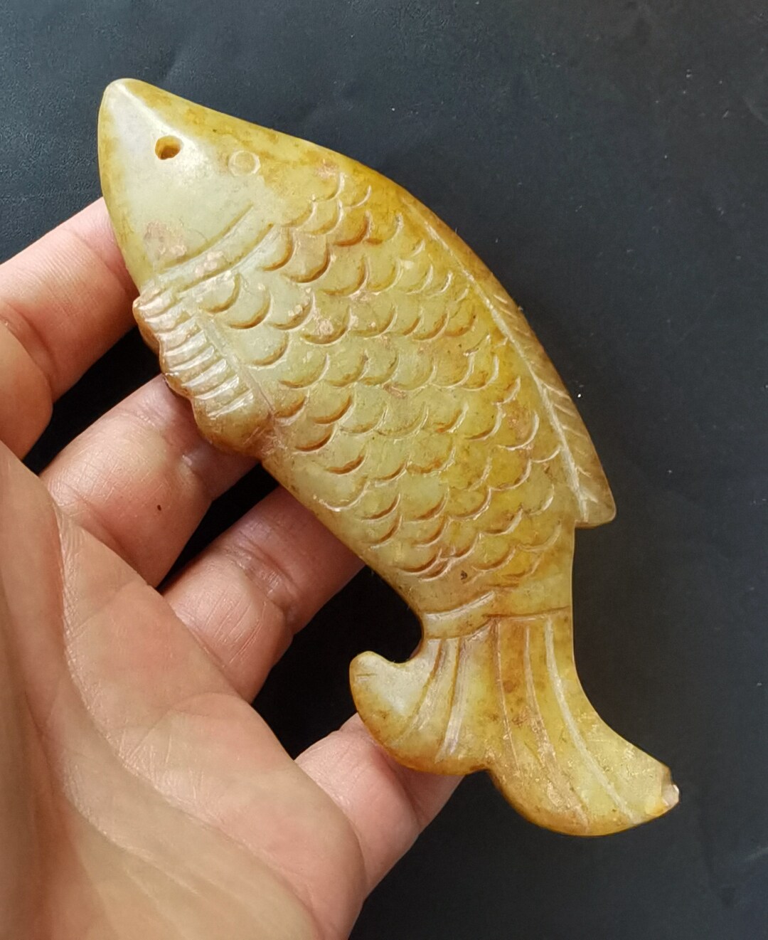 Large Fish Carving Yellow Jade Stone Pendant,double Face,good Lucky ...