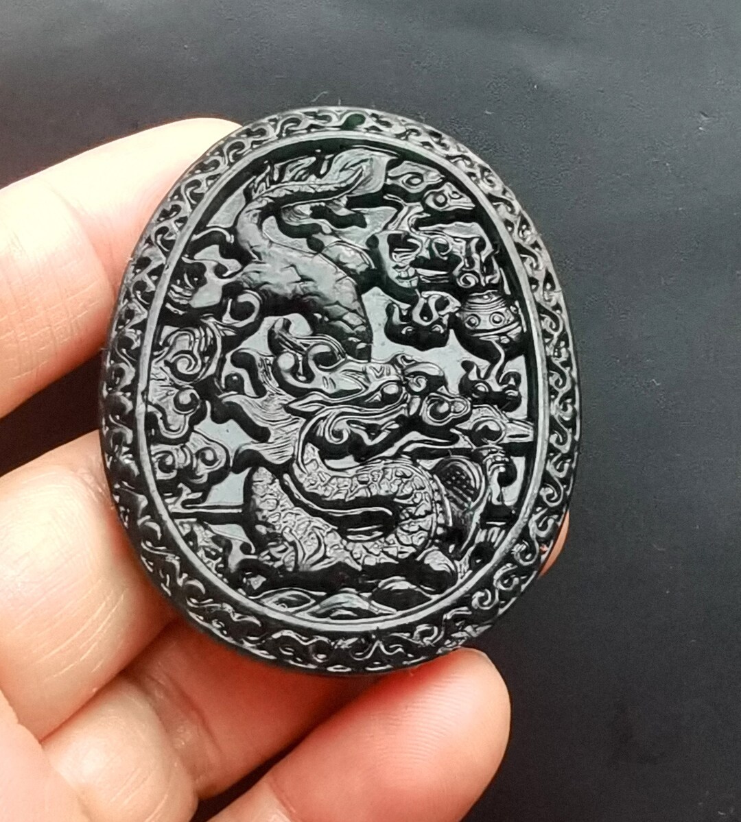 Oval Chinese Dragon Natural Black Green Jade Stone Pendant,amulet ...