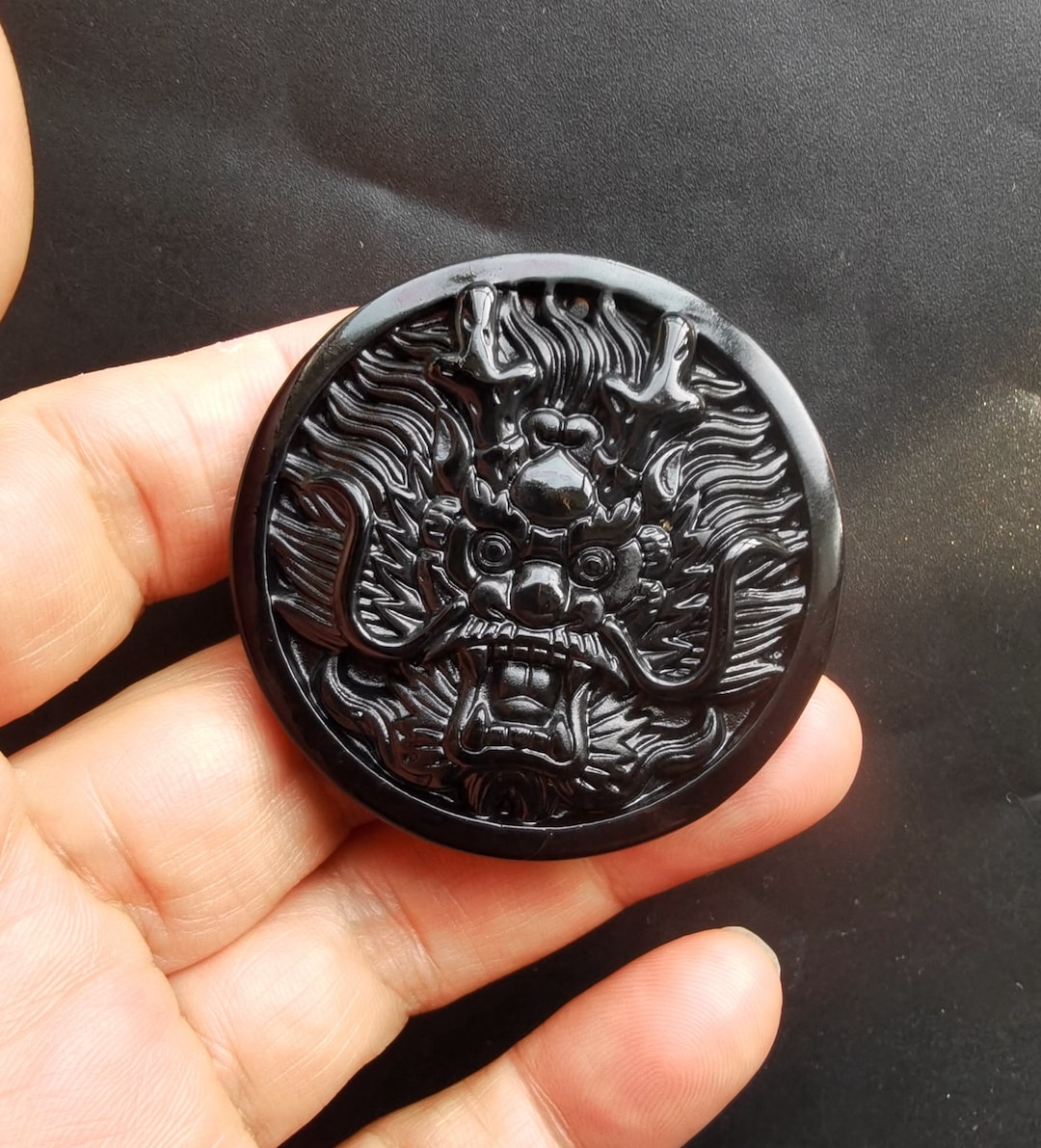 Black Obsidian Chinese Dragon Pendant: Mythical Amulet Necklace (47mm ...