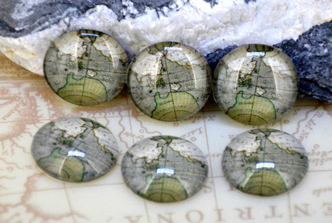 Circle Charm Map Earth Handmade photo glass cabochon dome Bead | Etsy
