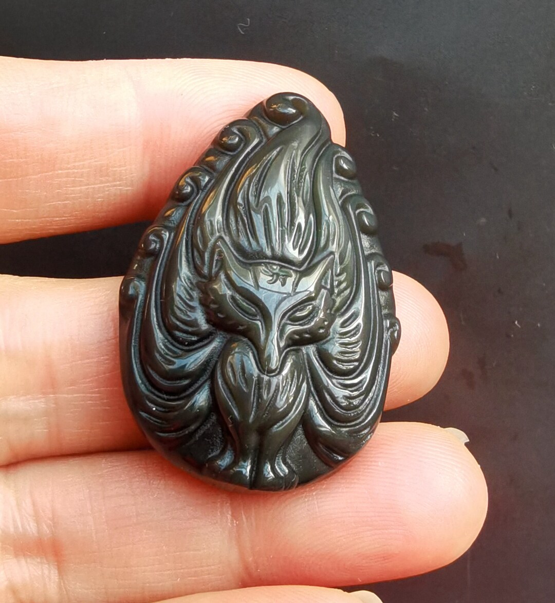 Love Fox Carved Black Obsidian Stone Teardrop Pendant,amulet Mythical ...