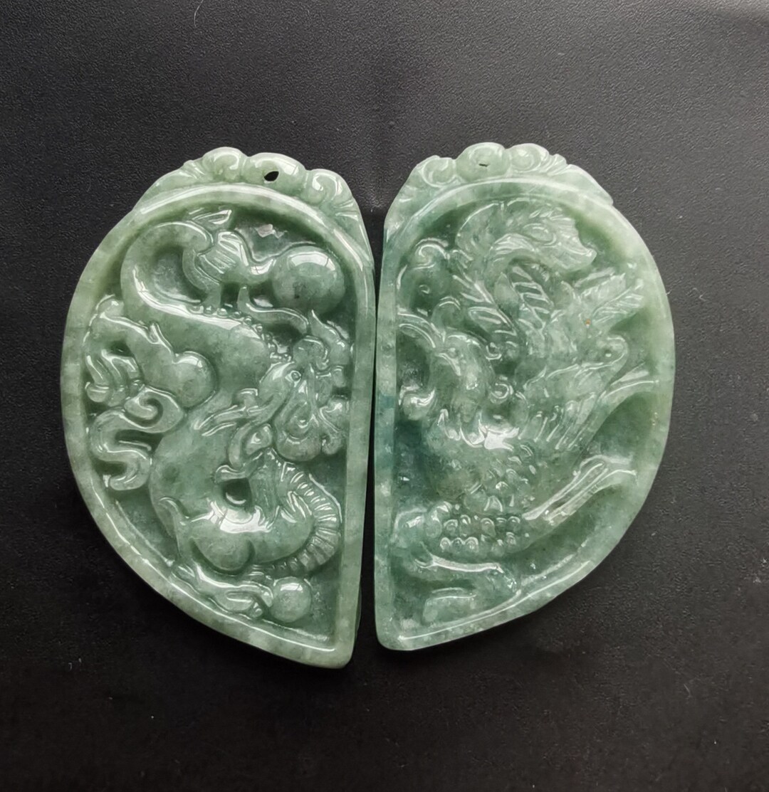 Carved Jadeite Jade Pendant: Dragon and Phoenix Amulet - Etsy