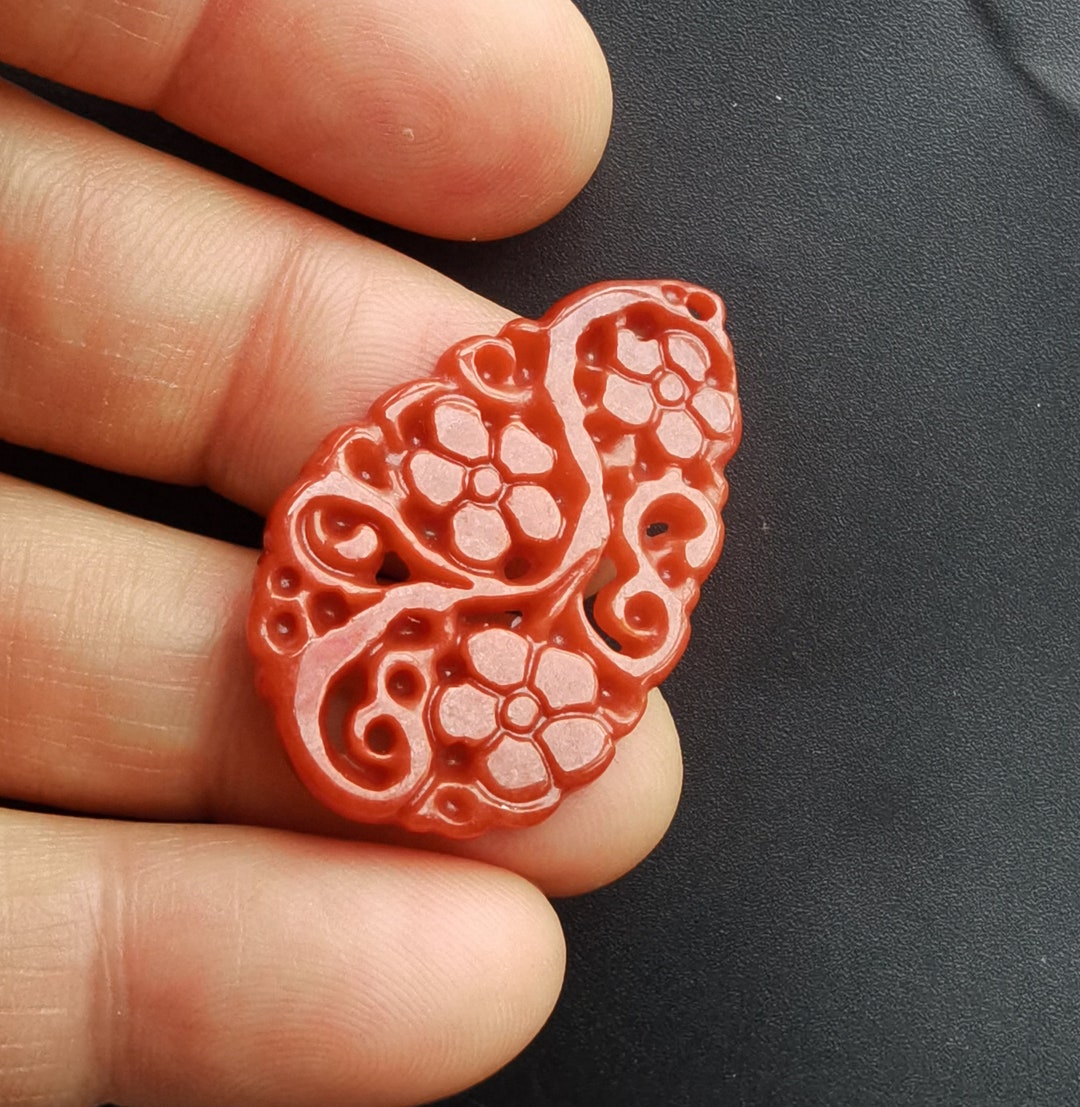 Hollow Flower Branch Teardrop Carving Red Jade Stone Pendant Link ...