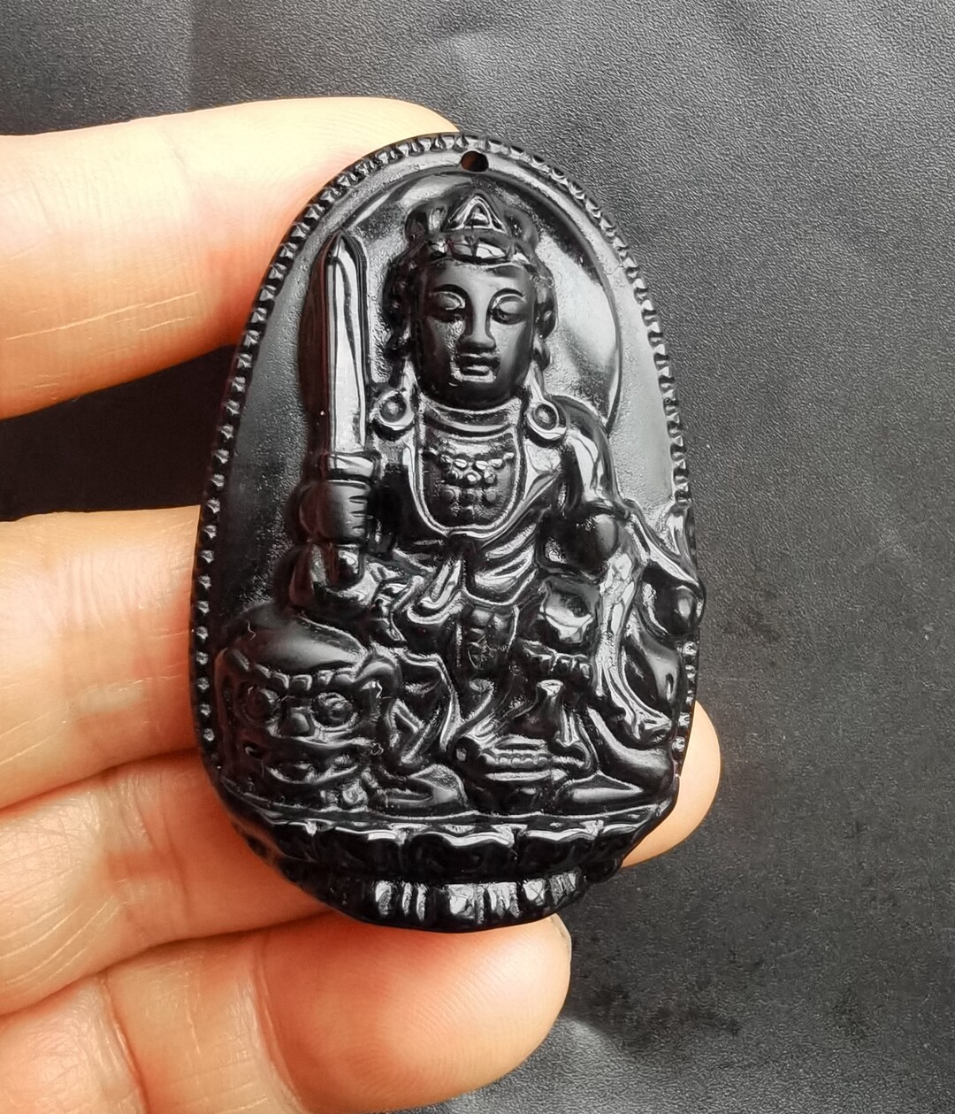 Chinese Bodhisattva Black Obsidian Stone Pendant, Oval Amulet Necklace ...