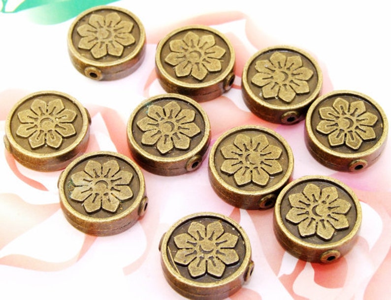 6beads Charm Coin Flowers Bronze Plated Brass Filigree - Etsy