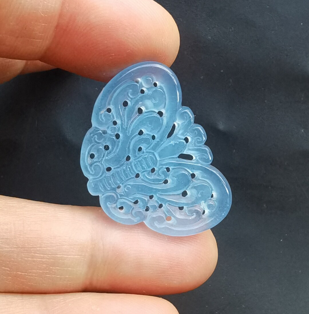 Hollow Butterfly Sea Blue Jade Stone Pendant: Carved Amulet Charm - Etsy