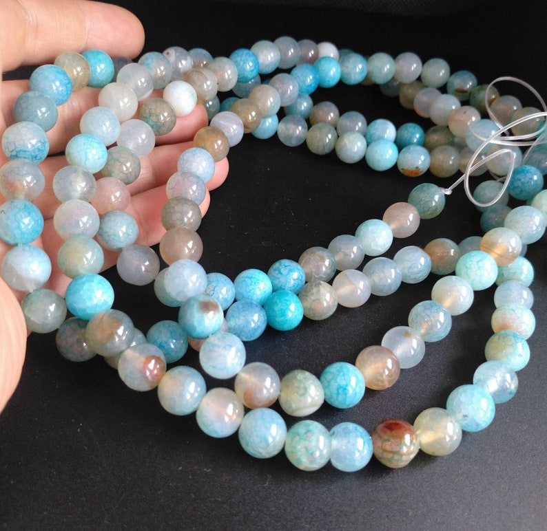 Blue White Dragon Veins Agate Beads, Round Gemstone Loose Beads, Full 1 ...