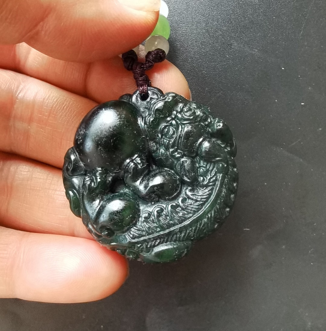 Carved Pixiu Dragon Jade Pendant: Black Green Gemstone Amulet - Etsy