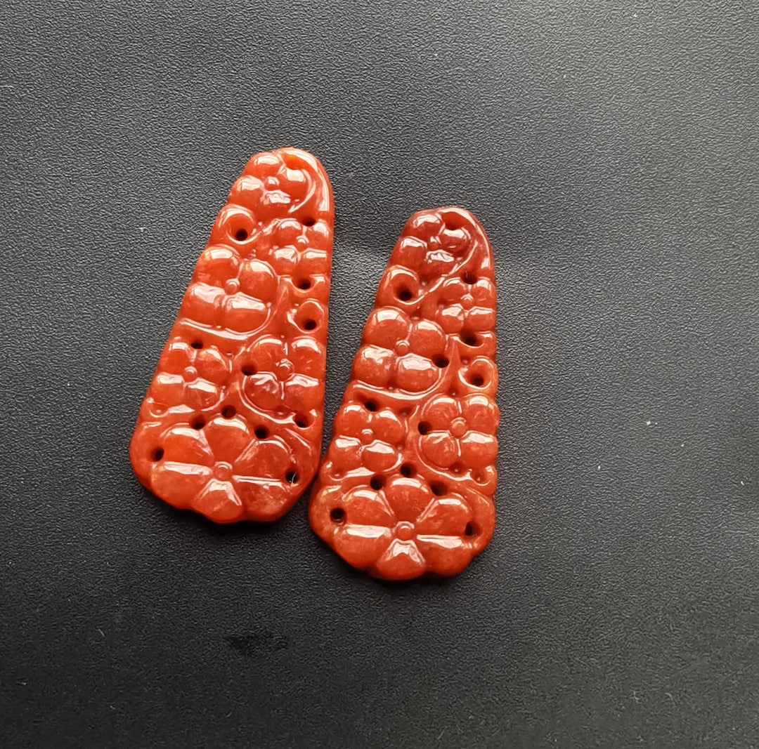2pcs,hollow Flower Branch Teardrop Carving Red Jade Stone Pendant ...