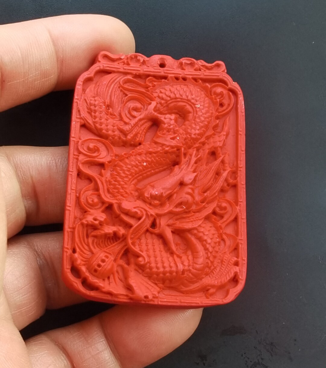 Rectangle Dragon 龙腾四海 Red Cinnabar Pendant,amulet Gemstone,protection ...