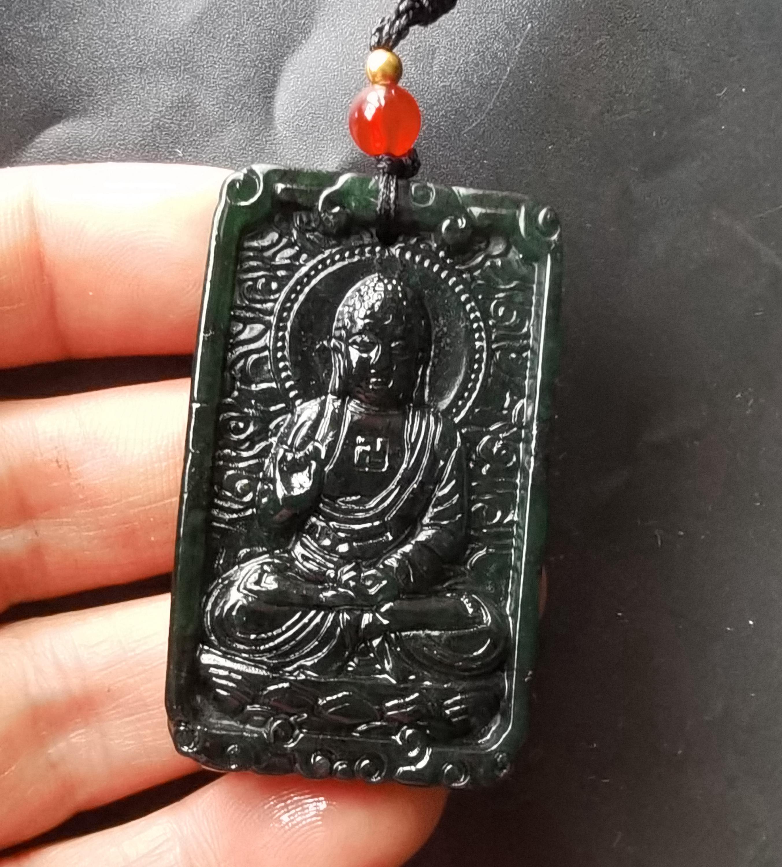 Jade Buddha Pendant: Black Green Stone Amulet Necklace - Etsy