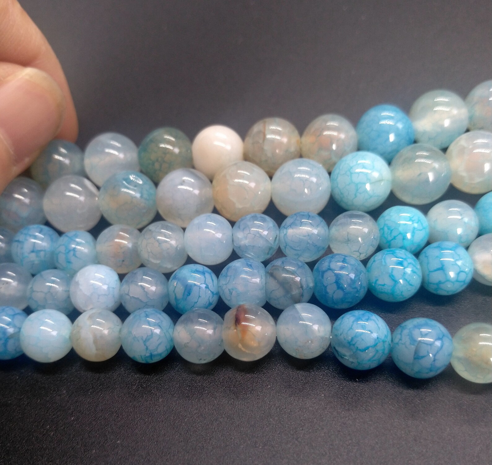 Blue White Dragon Veins Agate Beads, Round Gemstone Loose Beads, Full 1 ...