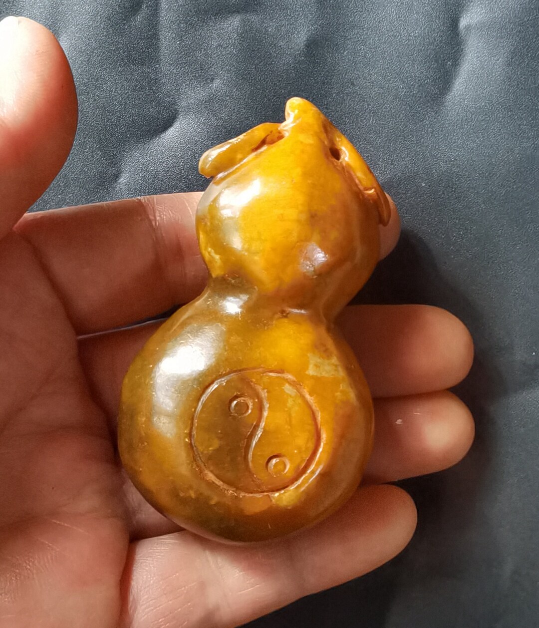 Large Gourd Leaf Tai Chi Carving Yellow Jade Stone Pendant,oval Charm ...