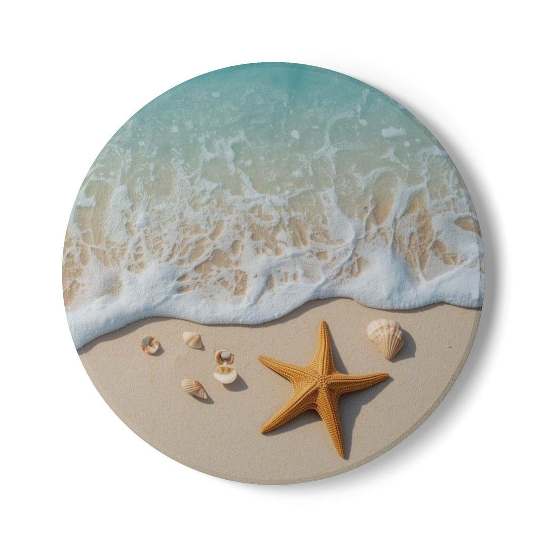 Starfish Beach Scene Ceramic Coaster | Ocean Wave Sand Shore - Etsy