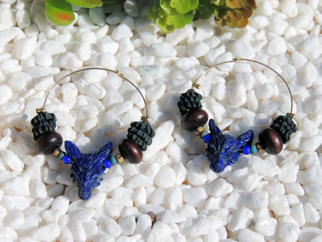 Goldfilled Hoops 14 Karats of 40mm Lapis Lazuli Wolves and Eucalyptus ...