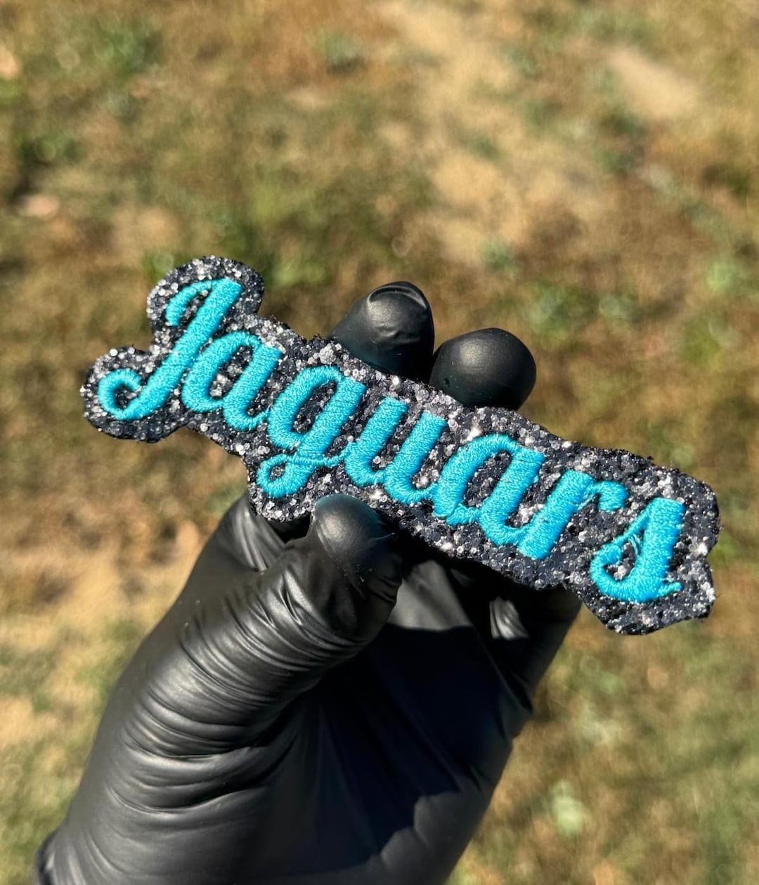 Jaguars Teal Script Patch | Black Glitter Sparkle Border | Team Game ...