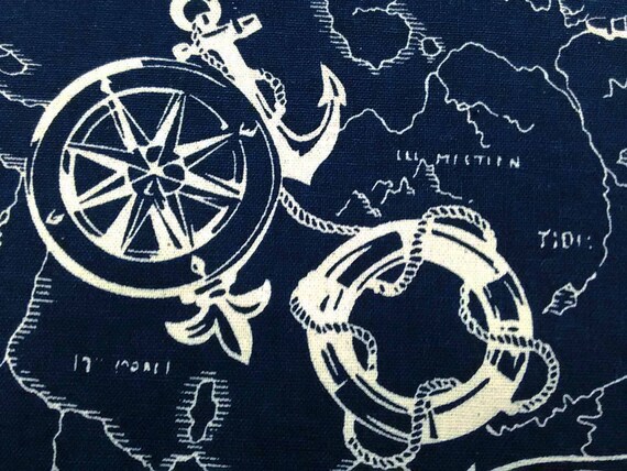 Anchor Compass and Wheel on Navy Blue Map Fat Quarter Pure | Etsy