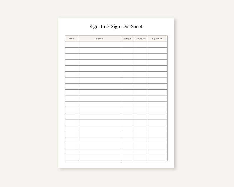 Sign in and Sign Out Sheet Printable PDF | Attendance Log | Simple Sign ...