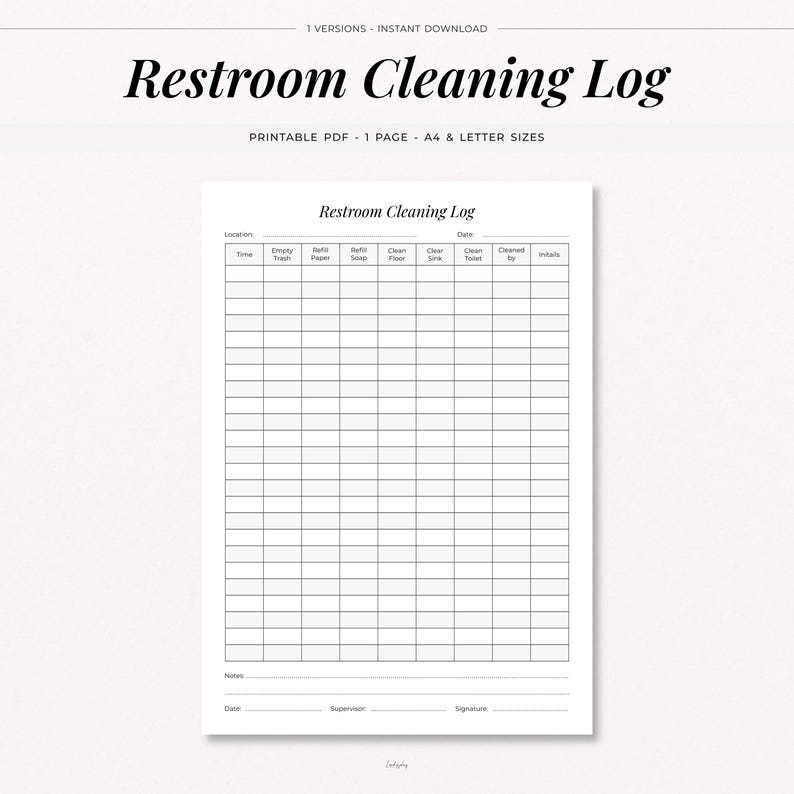 Restroom Cleaning Log Sheet, Commercial Checklist (A4 & Letter Sizes ...