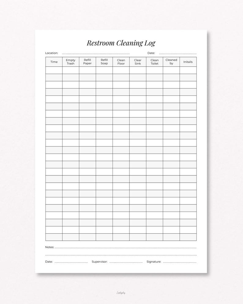 Restroom Cleaning Log Sheet, Commercial Checklist (A4 & Letter Sizes ...