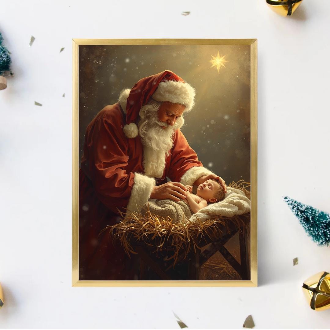 Santa Praying Over Baby Jesus Print – Christian Nativity Scene (digital ...