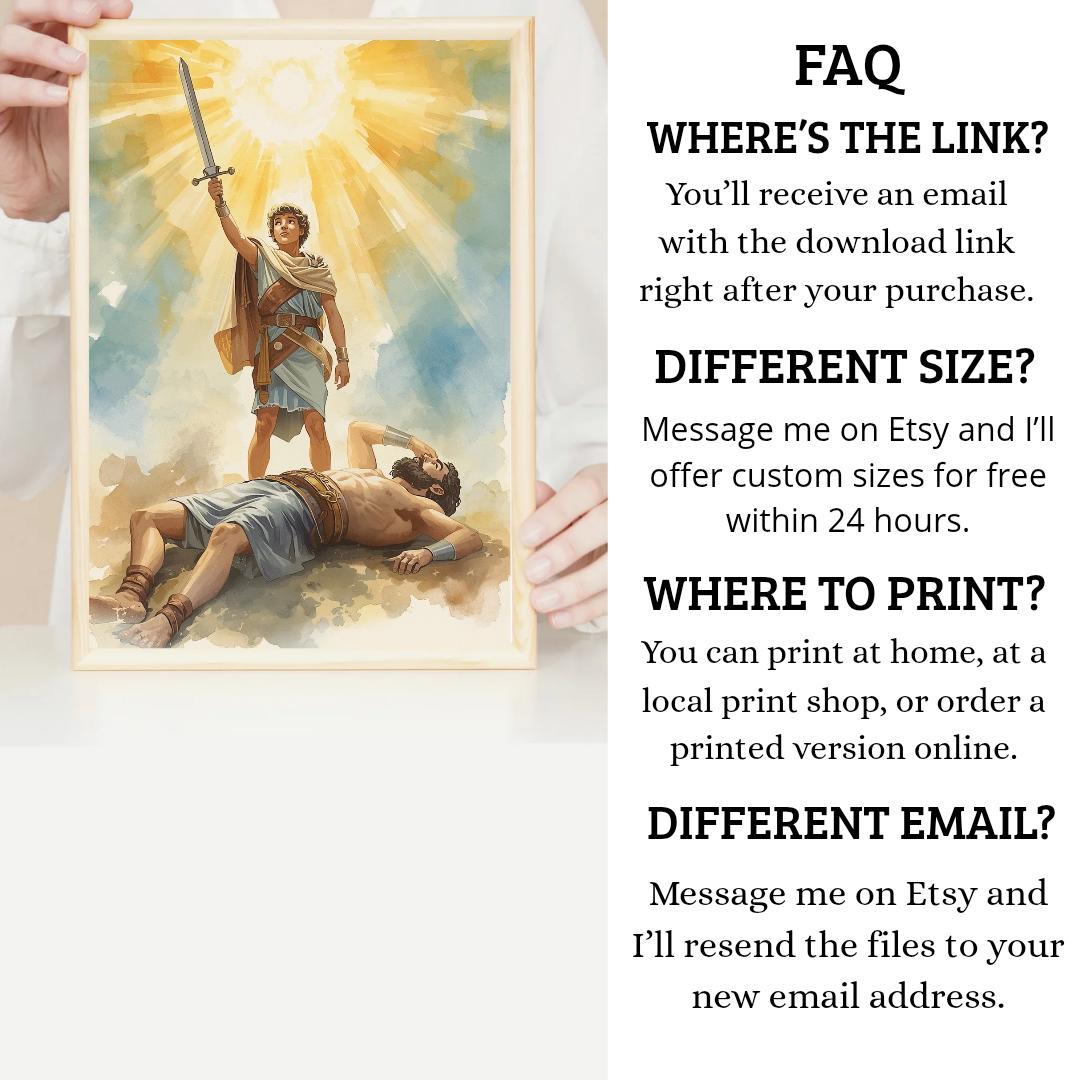 David and Goliath Biblical Watercolor Art | Christian Wall Decor ...