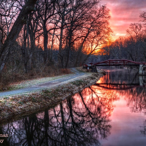 Delaware Canal Footbridge Towpath Sunrise Landscape Photograph - Etsy