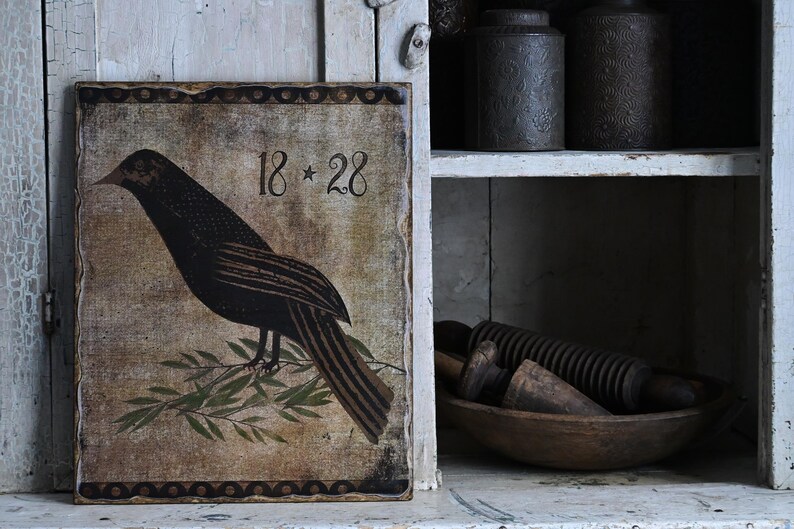 Handmade Folk Art Primitive Crow Sign, Rustic Country Crow Picture ...