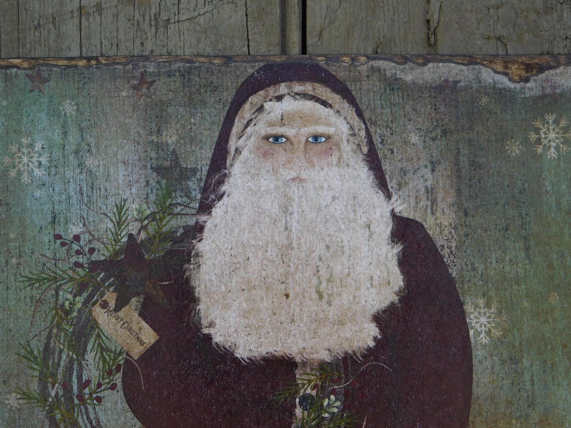 Primitive Christmas Folk Art Santa Wall Hanging Sign, Wooden Picture ...