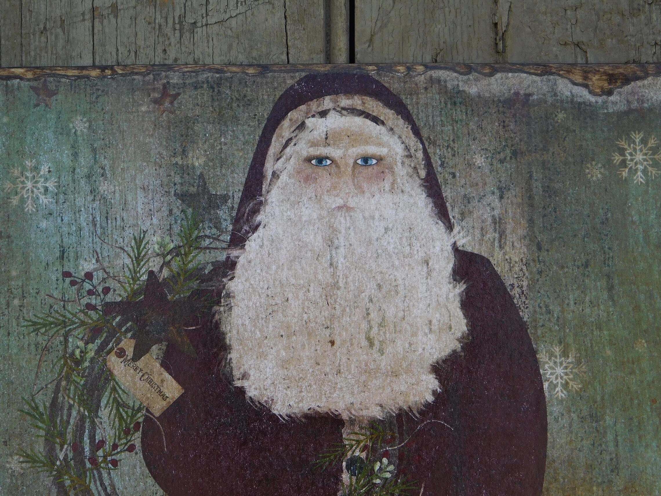 Primitive Christmas Folk Art Santa Wall Hanging Sign, Wooden Picture ...