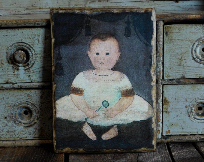 Primitive Colonial Baby Portrait Wooden Art Hanging Sign, Antique ...