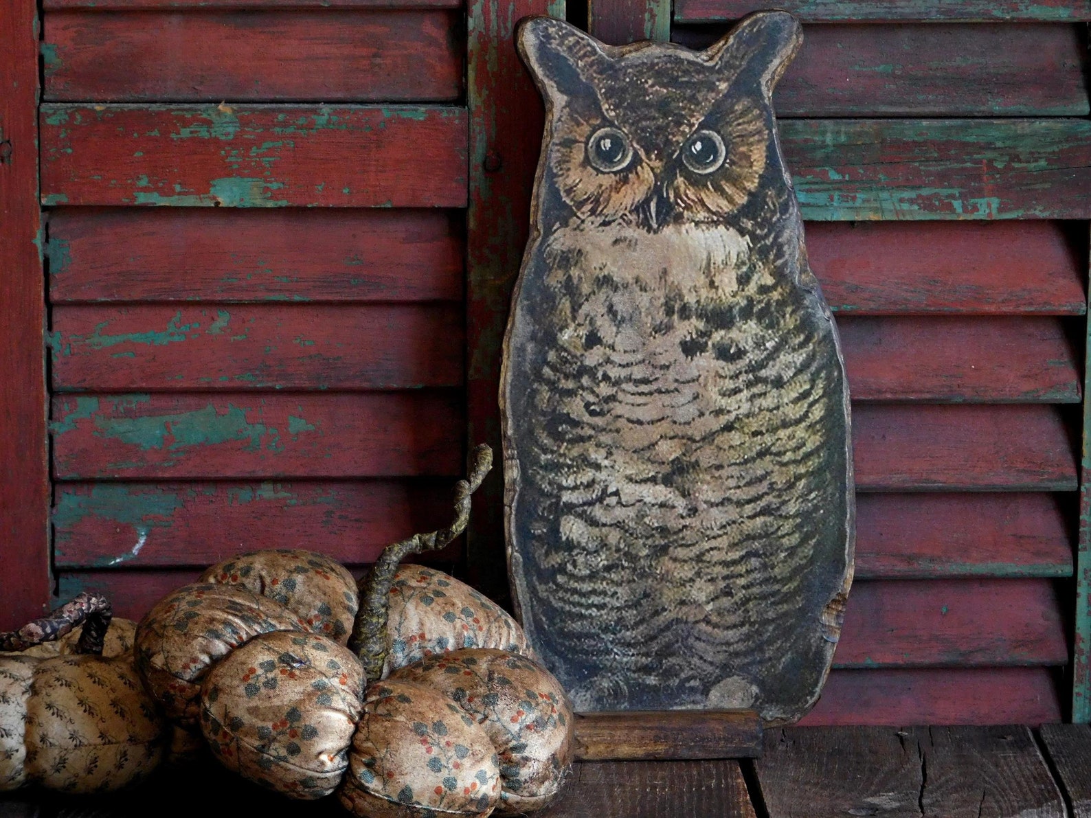 Handmade Primitive Wooden Owl on Stand, Fall Harvest and Halloween Home ...