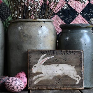 Primitive Leaping White Rabbit Inn Sign, Rustic Easter Decoration ...