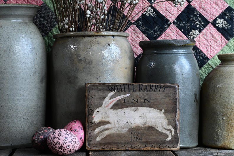 Primitive Leaping White Rabbit Inn Sign, Rustic Easter Decoration ...