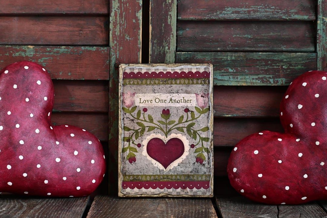 Primitive Valentine Hanging Sign Art, Printed Wooden Heart, Folk Art ...