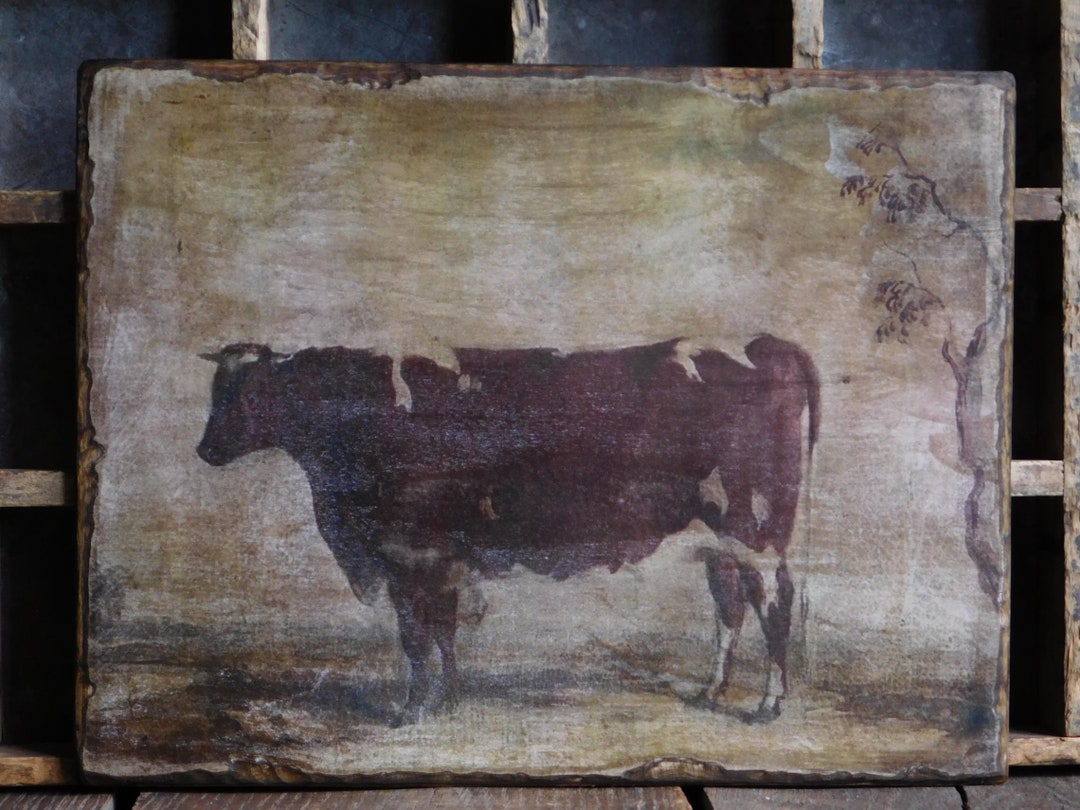 Primitive Wooden Cow Steer Picture Print Sign, Antiqued Wall Art ...