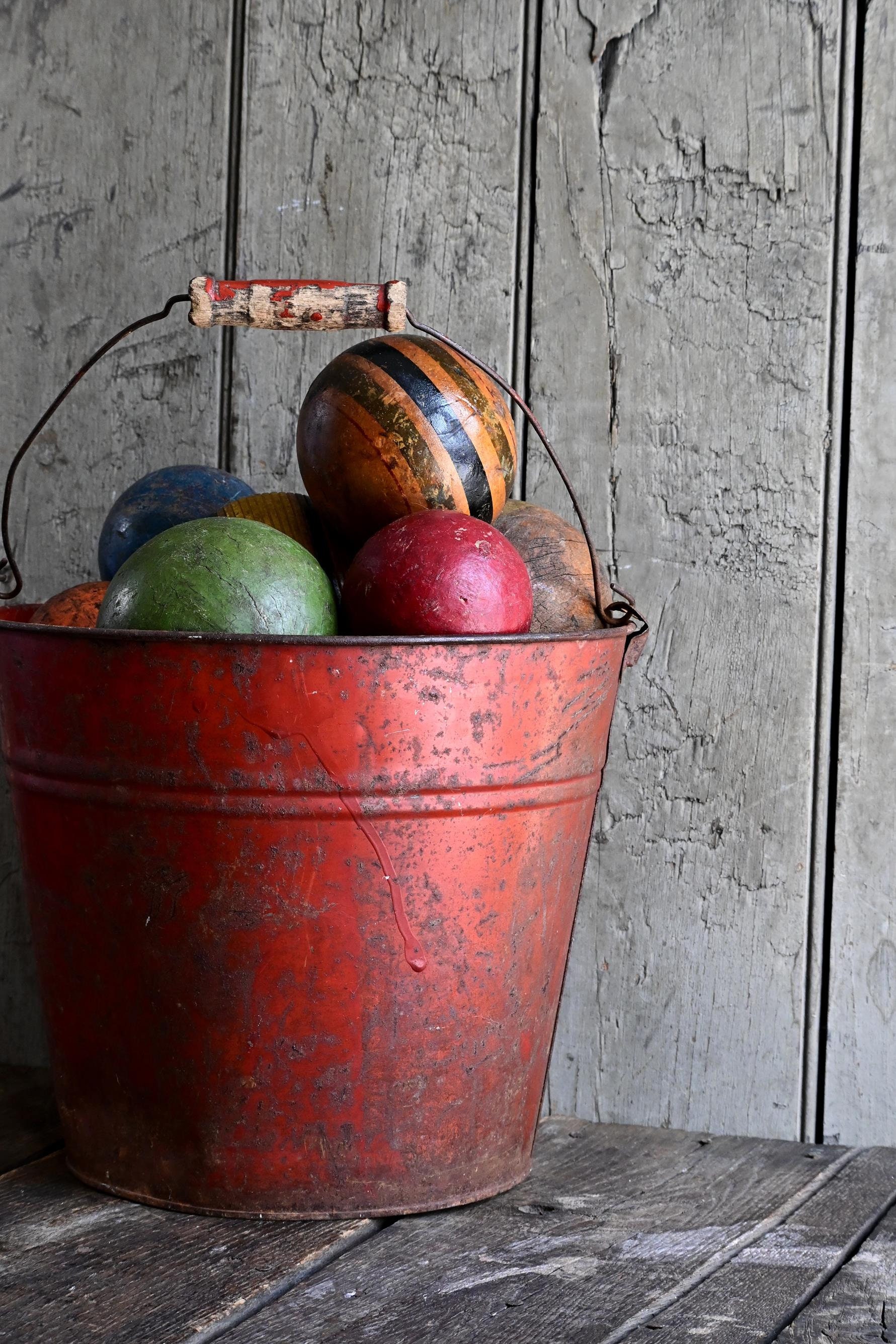 Building & Construction Primitive Antique Tin Metal Bucket Red Toy Sand ...