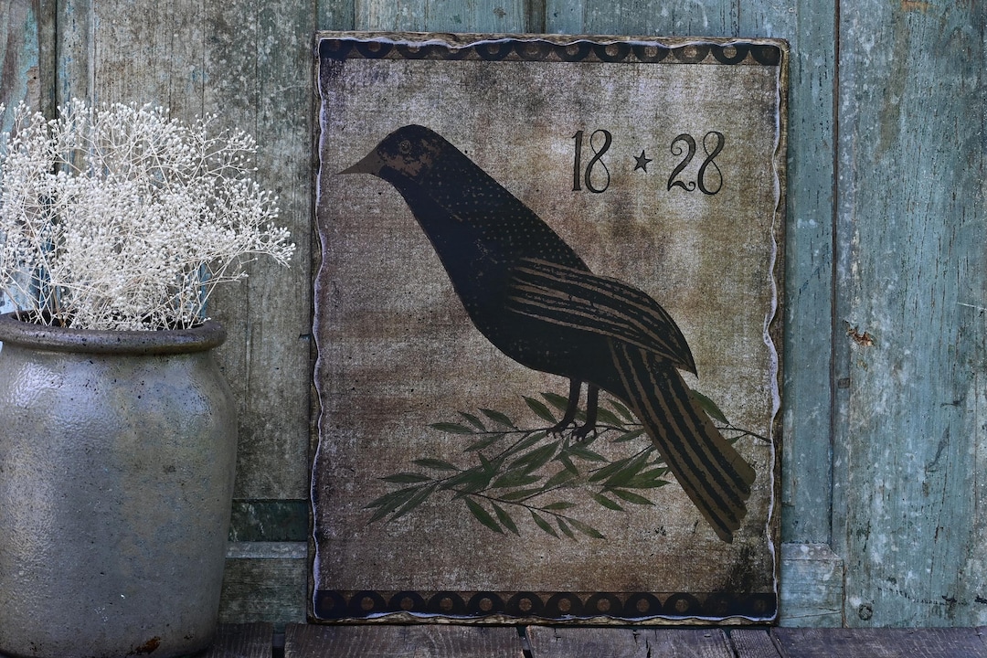 Handmade Folk Art Primitive Crow Sign, Rustic Country Crow Picture ...