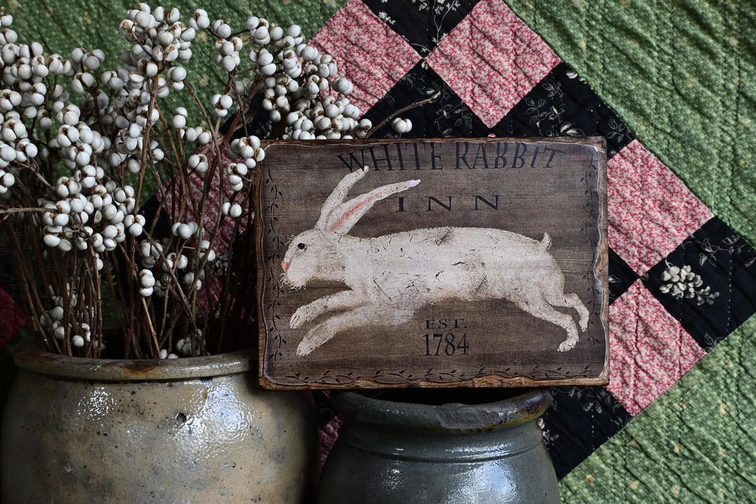 Primitive Leaping White Rabbit Inn Sign, Rustic Easter Decoration ...