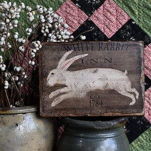 Primitive Leaping White Rabbit Inn Sign, Rustic Easter Decoration ...