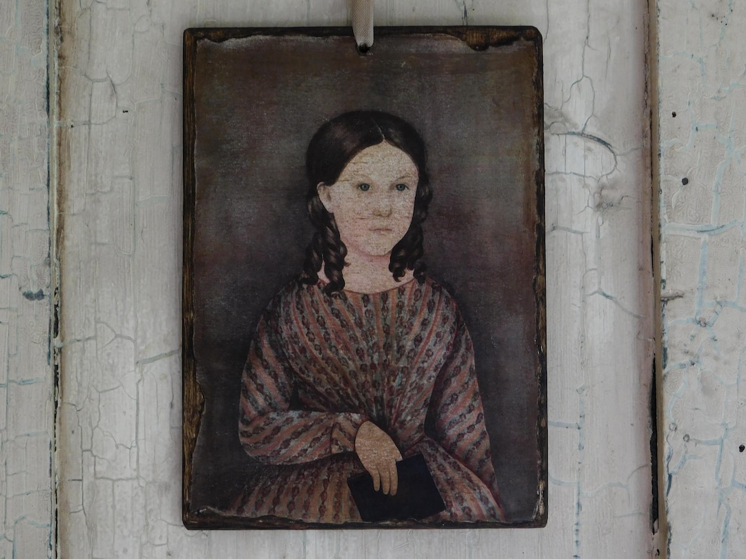 Primitive Folk Art Colonial Girl Portrait Picture Print, Antique ...