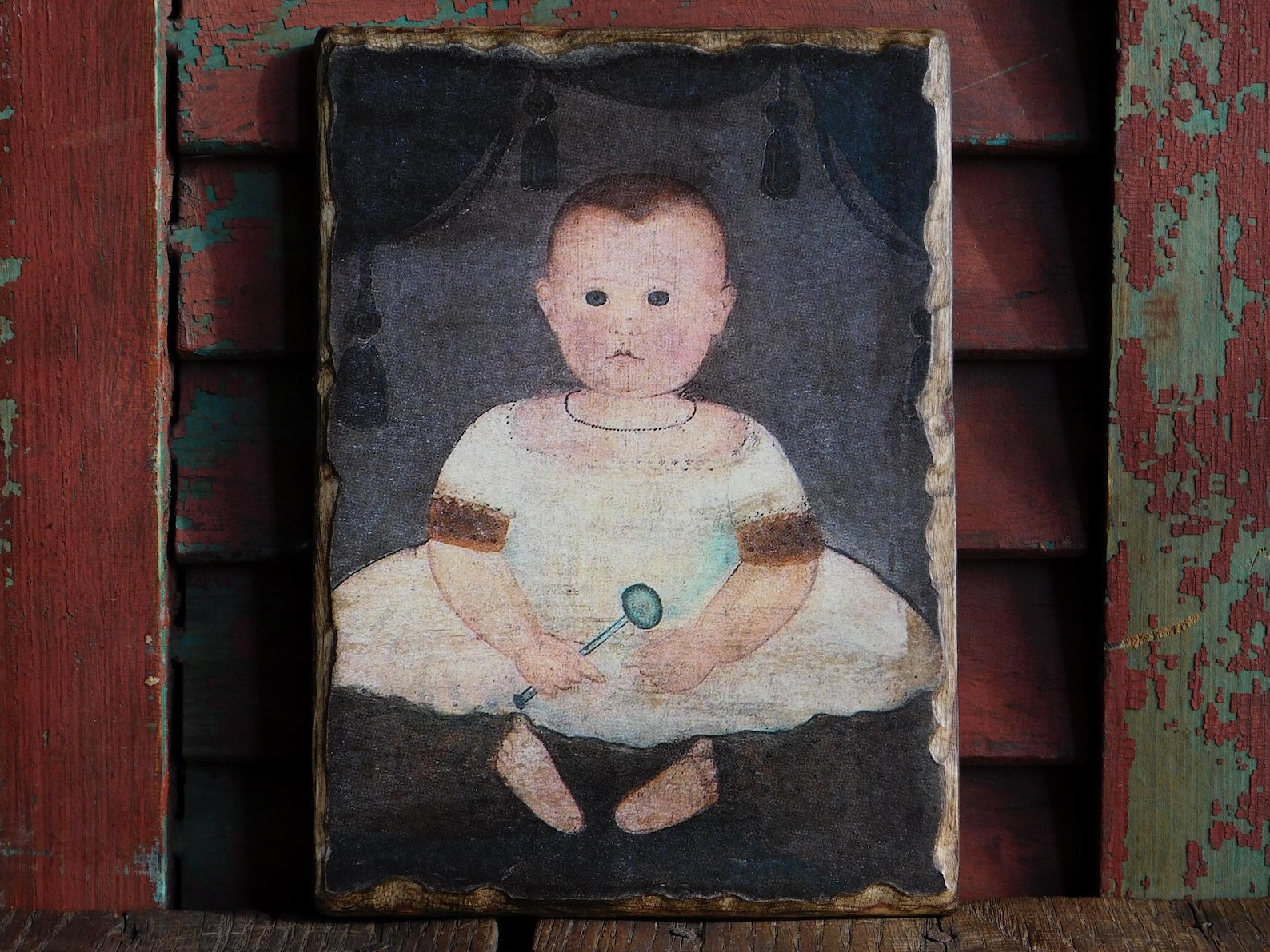 Primitive Colonial Baby Portrait Wooden Art Hanging Sign, Antique ...