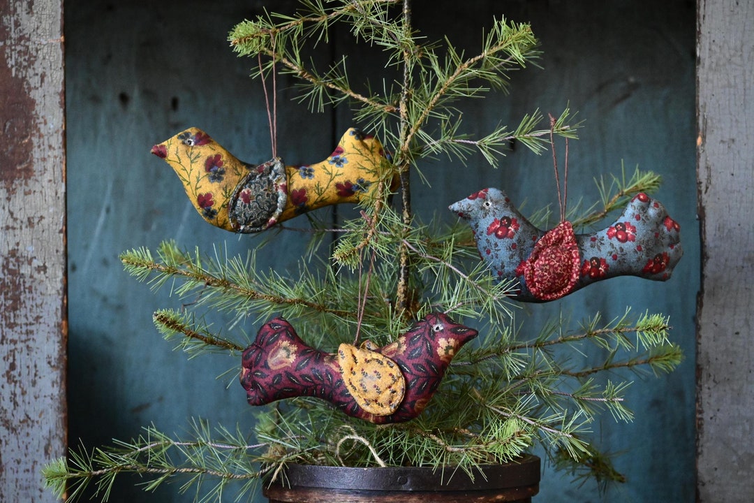 Folk Art Primitive Bird Ornaments, Handmade Fabric Birds, Listing is ...